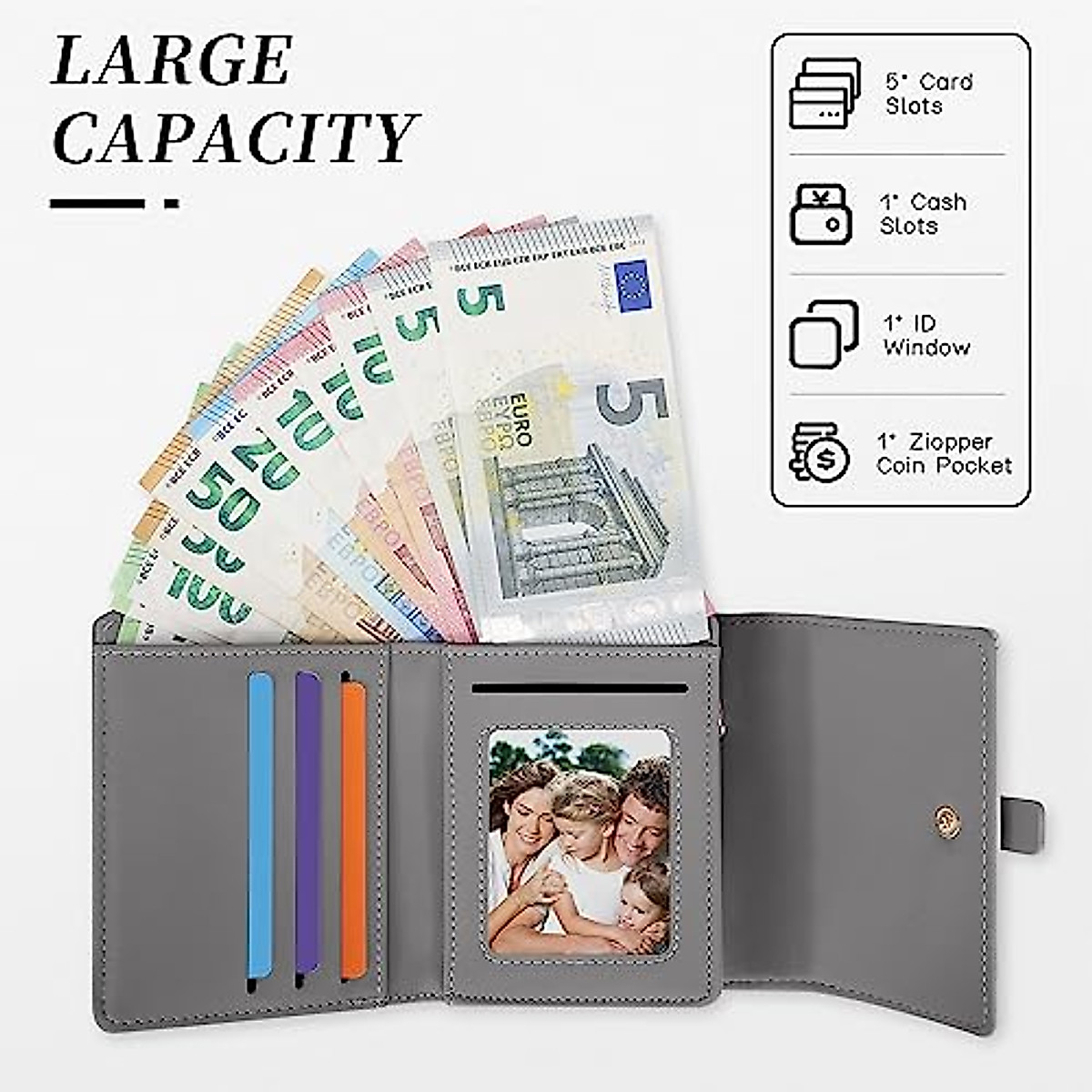 Small wallet for women RFID Trifold Ladies Wallets Vegan Leather Womens Wallet with ID Window Zipper Coin Pocket (grey white)
