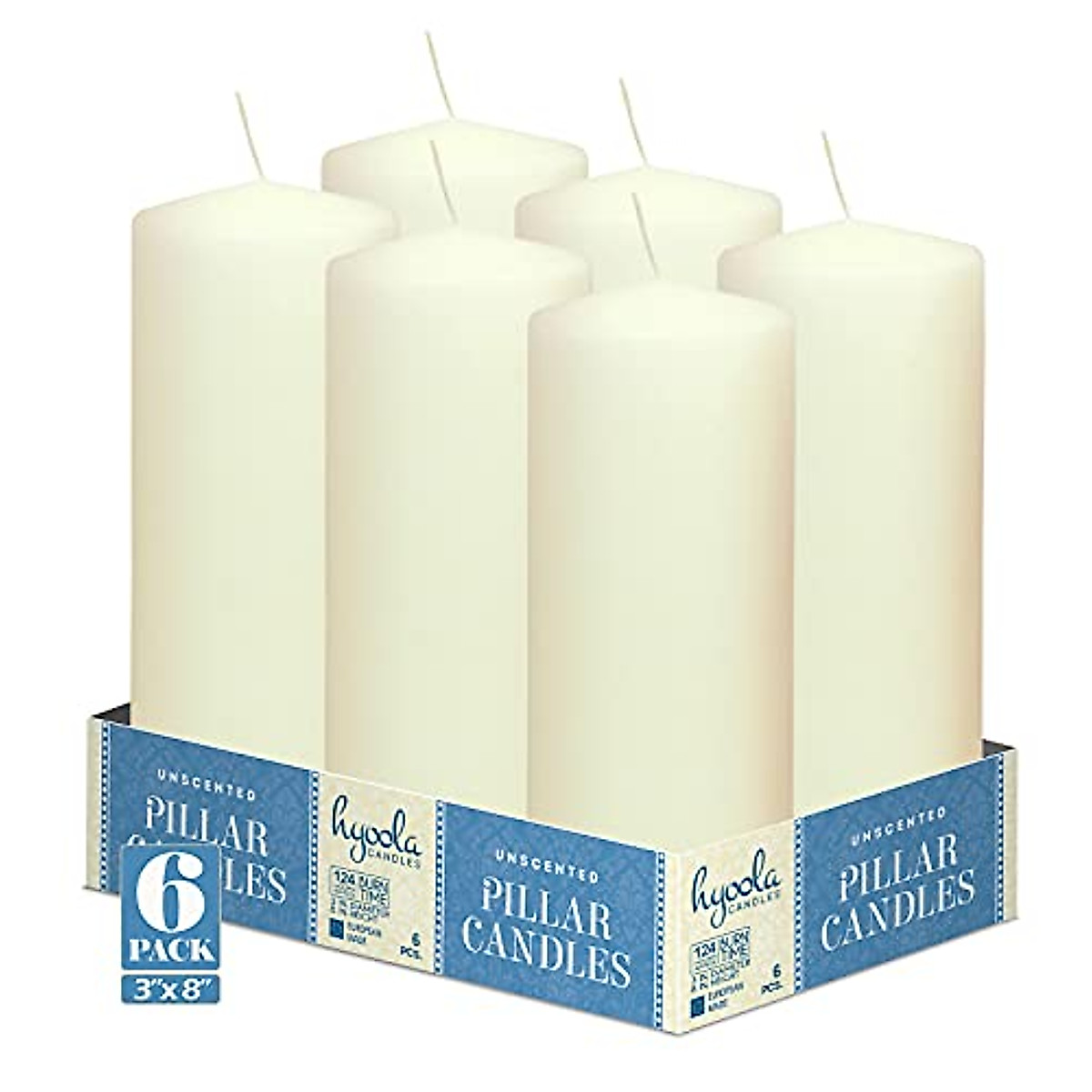 Hyoola Ivory Pillar Candles 3x8 Inch - Unscented Pillar Candles - 6-Pack - European Made