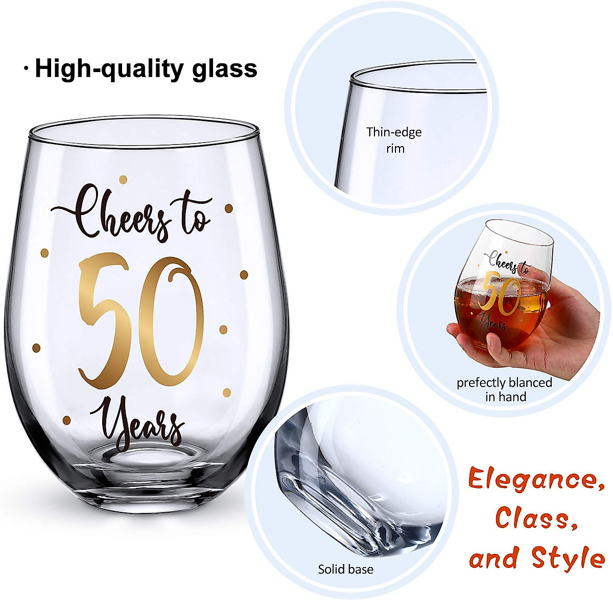 50th Birthday Stemless Wine Glass, Gold Cheers to 50 Years Birthday Wine Glass Present for Men Women 50th Birthday Party Wedding Anniversary Party Decorations, 17 oz Stemless