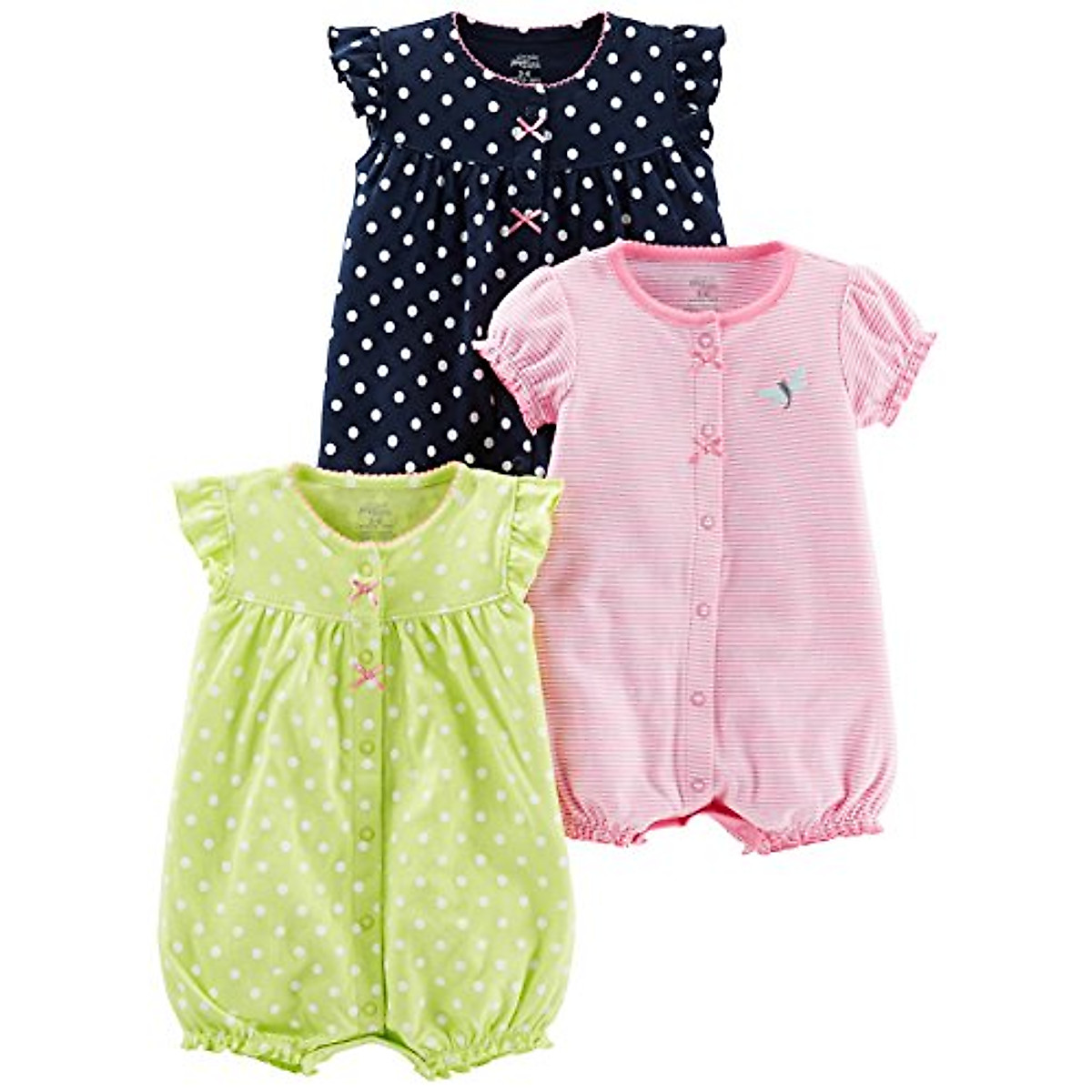 Simple Joys by Carter's Baby Girls' 3-Pack Snap-up Rompers, Light Green/Navy Dots/Pink Stripe, 6-9 Months