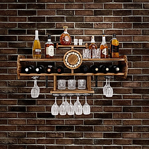 Homde Wine Rack Wall Mounted Wood,Wine Shelf with Bottle Stemware Glass Holder Rustic, Airplane Shape Multi Functional Wine Display Storage Rack for Home Bar (Light Brown)