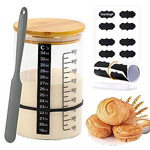 Wnxise Sourdough Starter Kit, 34OZ Reusable Sourdough Starter Jar, Home Sourdough Bread Baking Supplies with Date Marked Feeding Band, Thermometer, Silicone Scraper, Sticker, Marker Pen Bamboo Lid