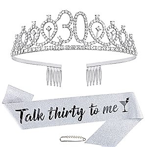 AOPRIE Birthday Crown for Women 30 Talk Thirty To Me Birthday Sash for Women Girls Silver Birthday Tiara 30th Birthday Gifts Her Him Decoration for Women Princess Crown Rhinestone Headband Happy Birthday Accessories