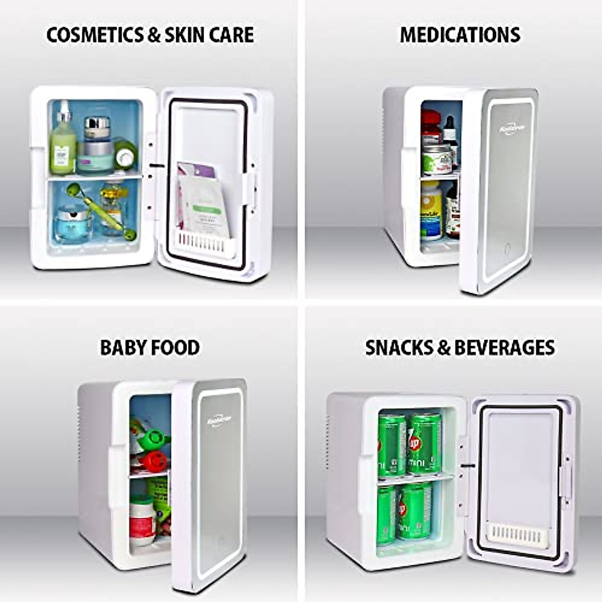 Koolatron Cosmetics Fridge w/Lighted Makeup Mirror, 6L Portable Skincare Refrigerator w/LED Ring Light, 12 Volt DC and 110 Volt AC Cords, Beauty Serum, Face Mask, Home, Travel, Hotel, Dorm, Office