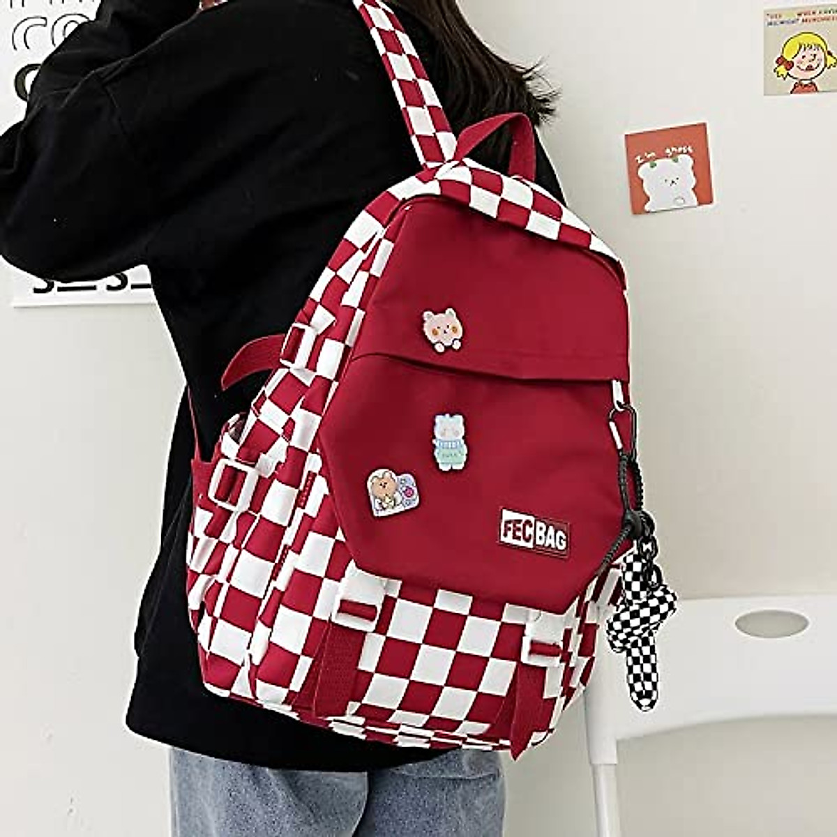 Harajuku Large Fashion Checkered Plaid Backpack Cute Pendant Pins girl boy teen Student School Bag Bookbag Satchel Laptop (Red,Large)