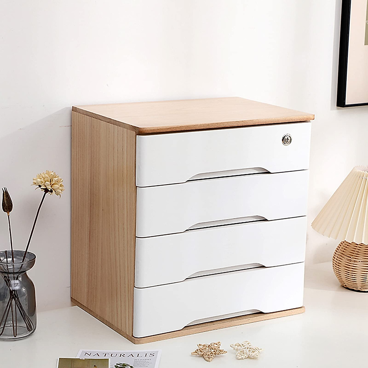 FPIGSHS Wooden Desktop Storage Box with Lockable Drawers, Office Supplies A4/Receipt File Organizer, Flat File Cabinet (Color : A, Size : 4 Drawer)