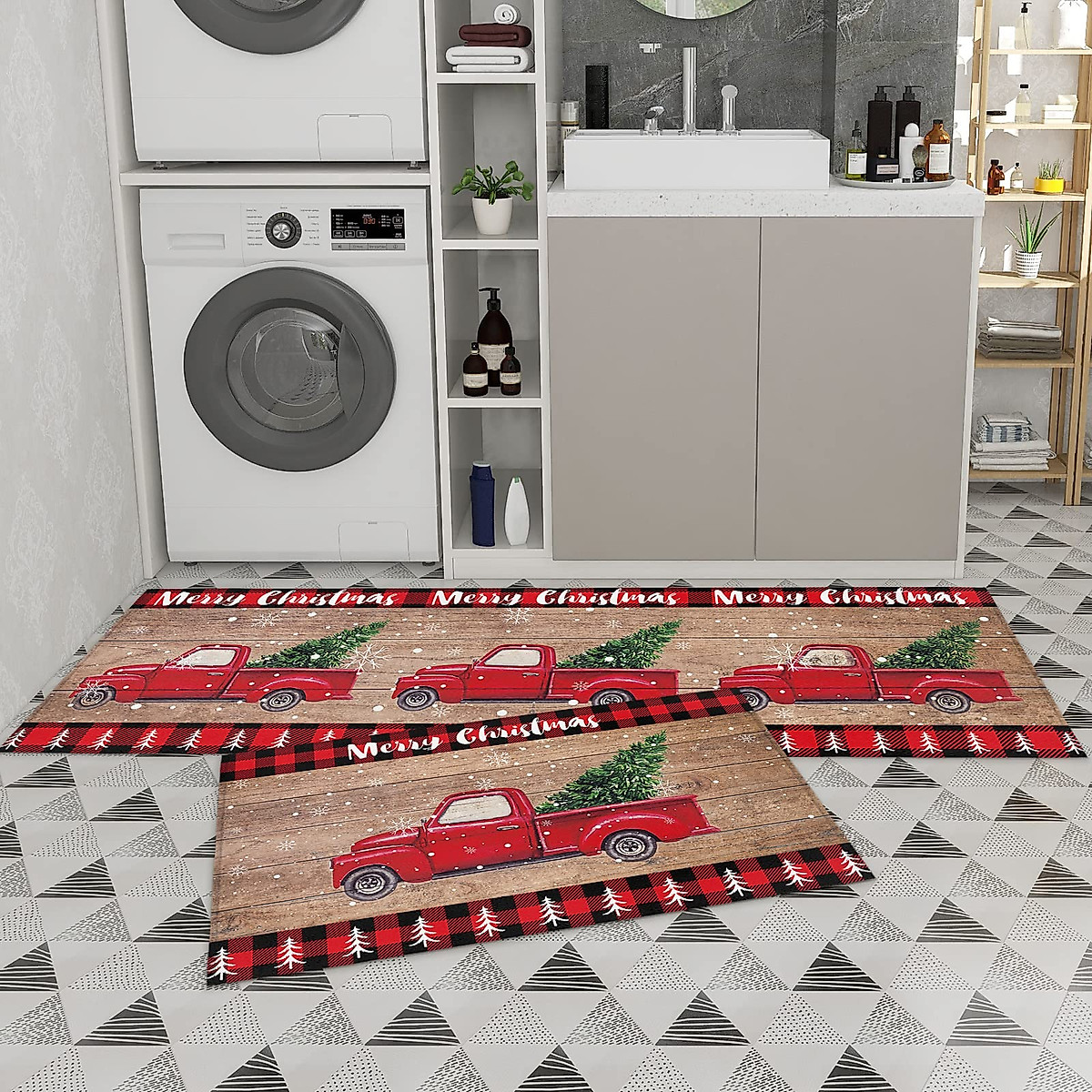 Libaoge Merry Christmas Kitchen Rugs and Mats Set of 1 Red Truck Pull Xmas Tree on Rustic Wood Grain Kitchen Sink Mat,Non-Slip Area Runner Rug,Washable Floor Mat for Home Dining Room Office 15"x47"