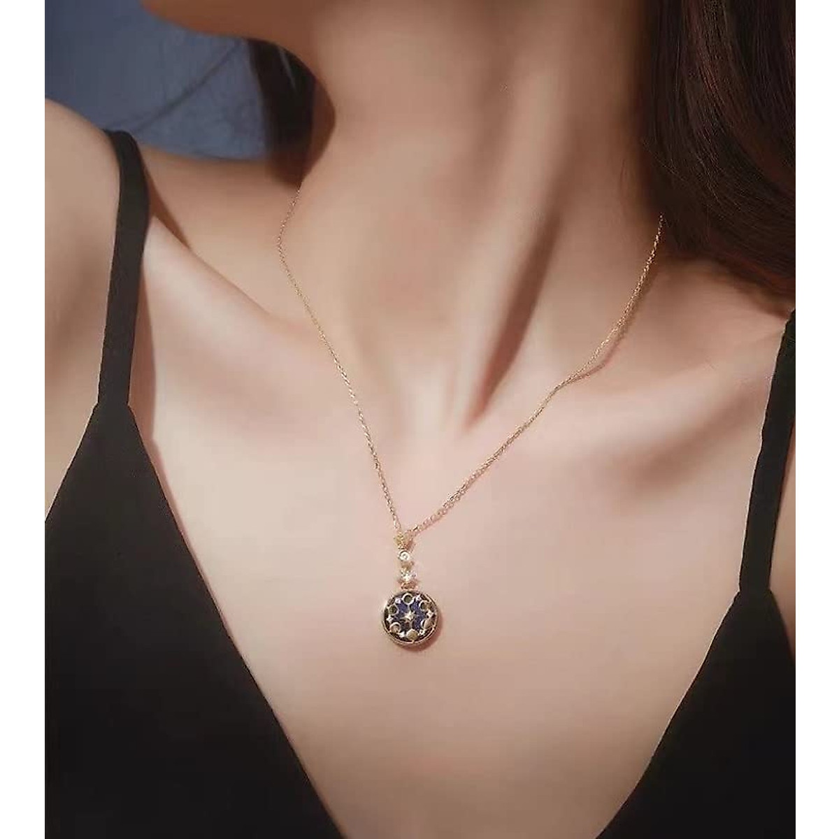 SLOONG 925 Sterling Silver Blue Sandstone Moon Phase Necklace 18K Gold Plated Necklace Birthday Gift for Women Girlfriend