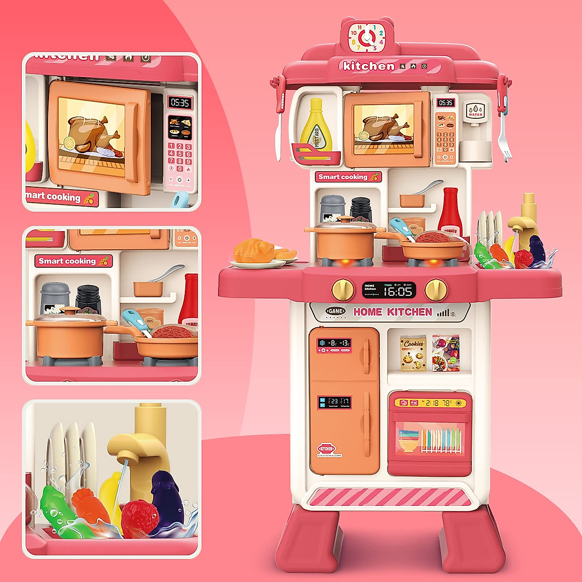 deAO Kids Kitchen Playset Toy with Sounds and Lights, Role Playing Game Pretend Food and Cooking Playset for Kids,35 PCS Kitchen Accessories Set for 3 4 5 Years Old Girls Boys