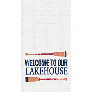 3 Lake House Theme Embroidered Kitchen Towel Set-Waffle Flour-Hand Towels w Lake Rules, Paddles Anchor-Outdoor Camping Boating Dish Cloths