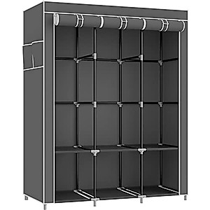 HOMGRNE Portable Closet, 49-Inch Portable Wardrobe with 6 Storage Shelves,3 Hanging Rods and 4 Side Pockets, Bedroom Clothes Organizer Rack with Non-Woven Fabric Cover
