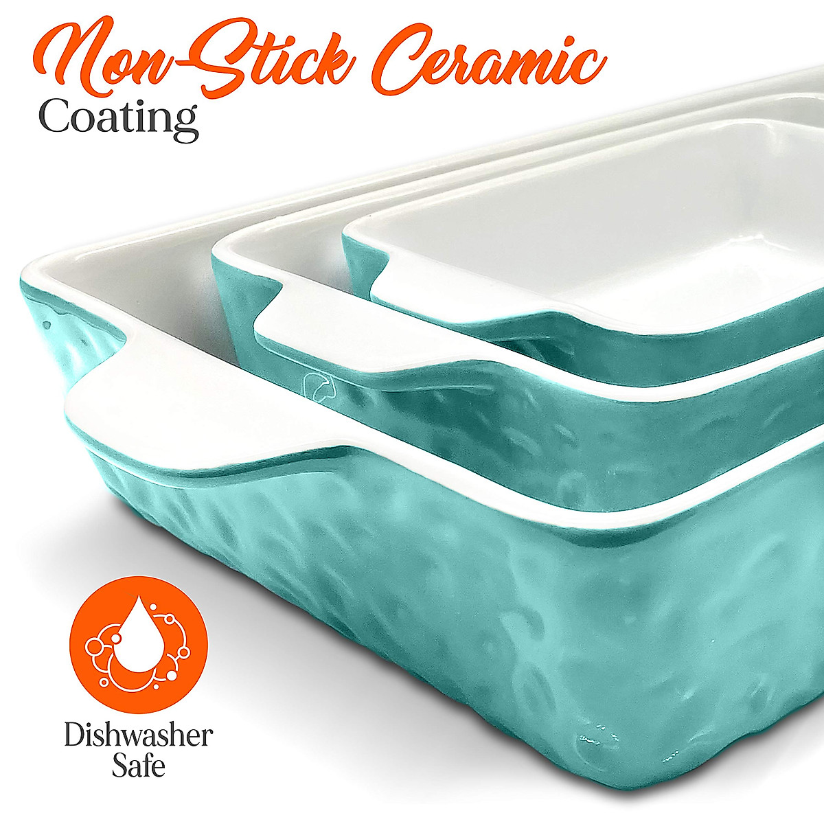 NutriChef 3-Piece Ceramic Casserole Dishes for Oven - Porcelain Bakeware Dishes w/Premium Non-Stick Coating & Built-In Handles - Dishwasher & Microwave Safe - 14.7"/10.8"/7.9" (Aqua)