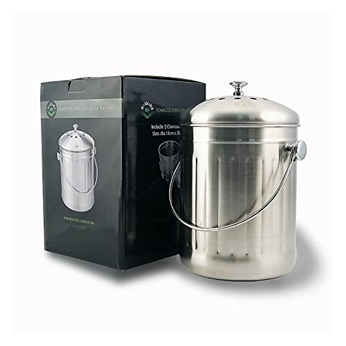 NewlineNY Stainless Steel Indoor Compost Bin for Kitchen Countertop, 1.3 Gallon Recycling Pail Bucket with 2 Charcoal Filters