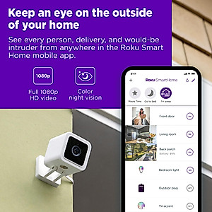 Roku Outdoor Camera for Home Security - IP65 Weather Resistant Wired Security Camera with 1080p HD Night Vision, Compatible with Alexa & Google, Motion & Sound Detection(Renewed)