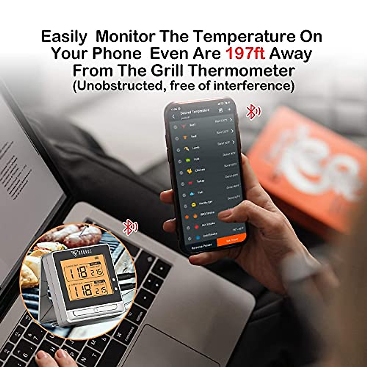 DOQAUS Bluetooth Meat Thermometer for Grilling, Wireless Meat Thermometer with 2 Probes, 197ft Remote BBQ Thermometer with Smart Kitchen Timer and Backlight for Smoker, Oven, Grilling, Turkey