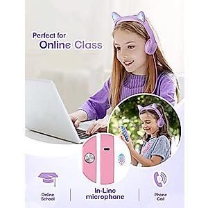 PINGKO Kids Headphones: Toddler Headphones with Microphone - Cat Ear Headphones for Girls Boys, LED Light 3.5mm Jack, 85db Volume, Music Sharing Stereo Earphones for iPad | School | Travel (Purple)
