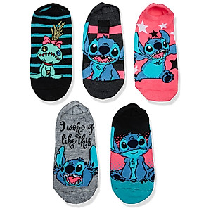 Disney womens Lilo & Stitch 5 Pack No Show Casual Sock, Assorted Pink Multi, 11-Sep US
