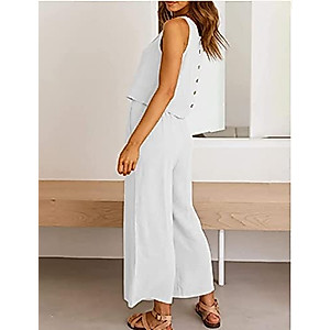 Meyhad Womens Cotton Linen 2 Piece Outfits Crop Tank Tops Wide Leg Pants Set Casual Lounge Sets(0350-White-XL)