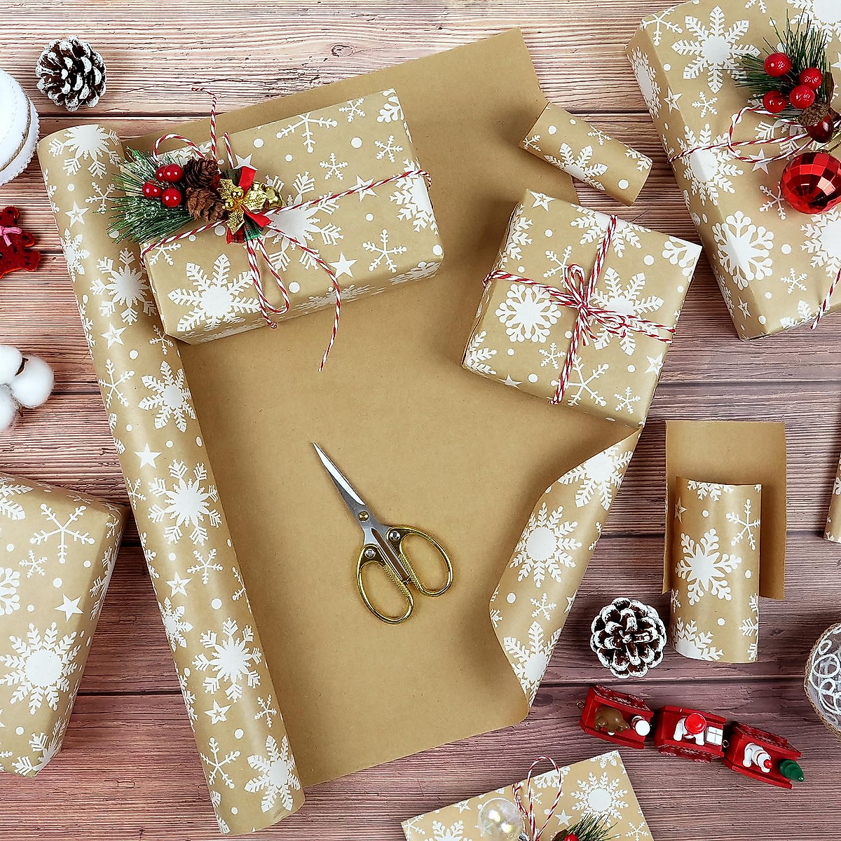 Christmas Wrapping Paper Roll, Brown Kraft Gift Wrapping Paper Jumbo Roll, Snowflake Christmas Wrapping Paper with Paper Rope, Christmas Wrapping Paper Roll for Girls Boys Women Men, 17x590 inch.