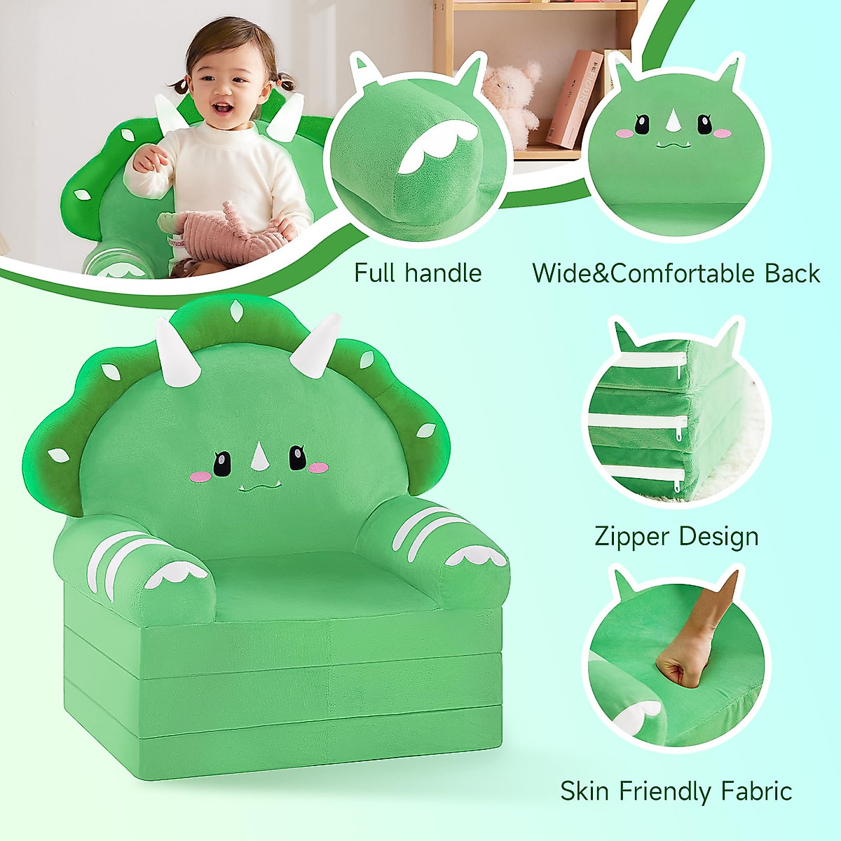 Hallo Deer Kids Couch Fold Out Soft Toddler Chair, 3-in-1 Kids Chair for Toddlers, Kids Sofa Dinosaur Chair, Children Couch for Toddlers 1-3, Kids Folding Toddler Chairs for Boys and Girls