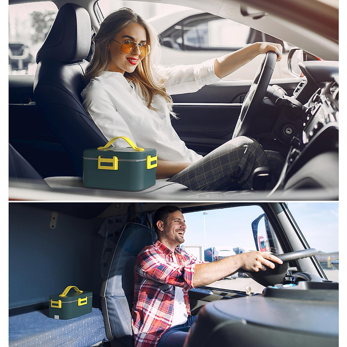 Adocfan Electric Lunch Box 75W 1.8L Food Warmer Heater 12V 24V 110V Faster Heated Lunch Box for Car/Truck/Home Portable Heating Boxes with 304 SS Container Fork & Spoon (Dark green)