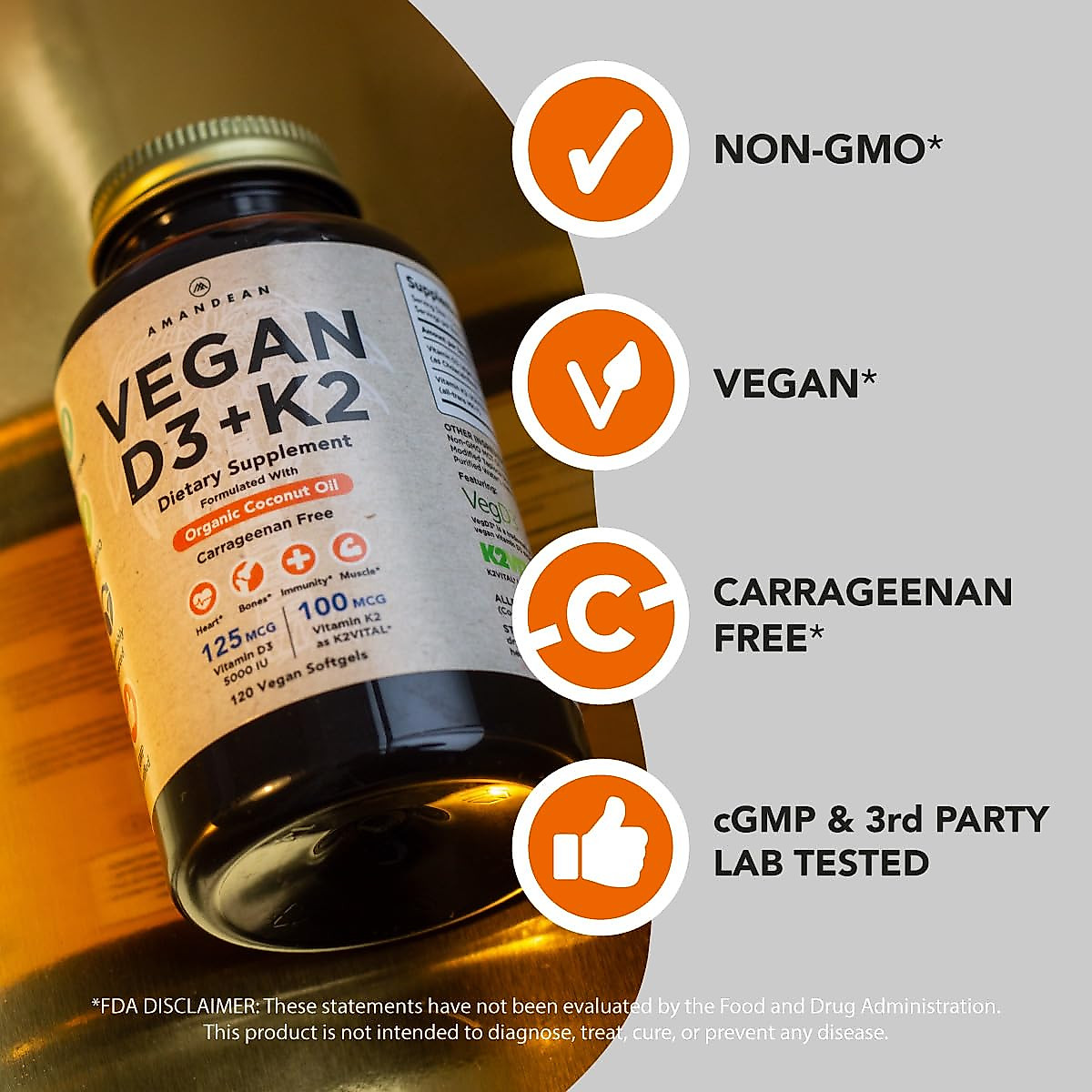 AMANDEAN Vegan Vitamin D3 K2. 5000 iu from Algae. All-Trans MK-7. 120 Softgels. Plant-Based & Carrageenan Free. Organic Coconut Oil Blend. for Mood, Bones, Heart, Teeth, Immune Health.