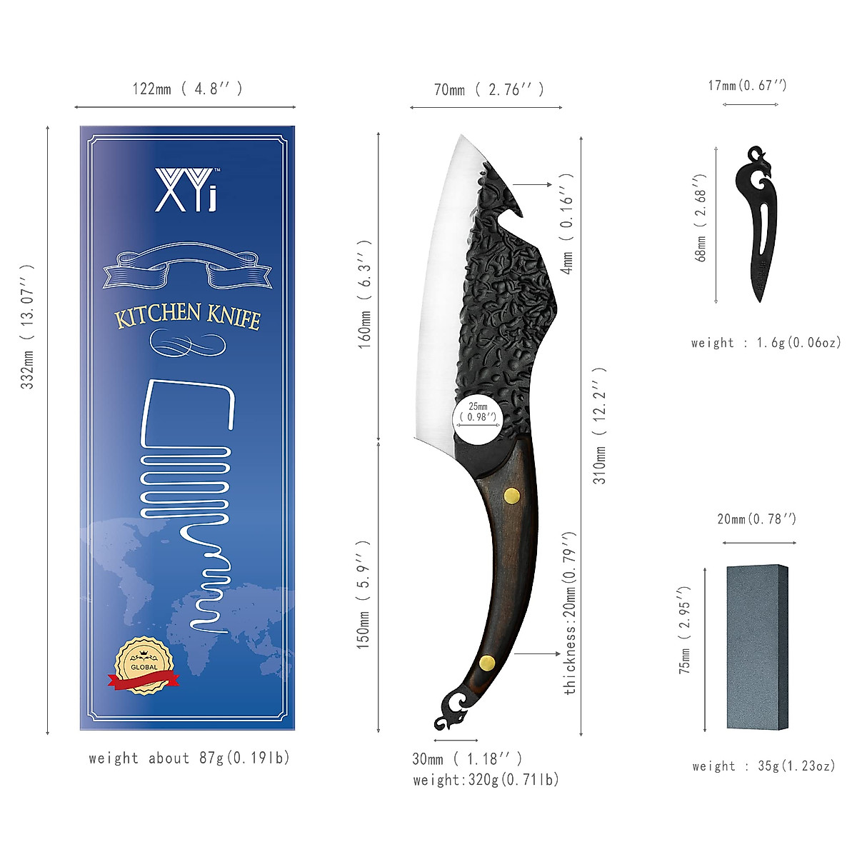 XYJ 6.5 Inch Butcher Boning Knife With Bottle Opener - Professional Kitchen And Outdoor Meat Cutting Knife Full Tang Stainless Steel Finger Hole Blade With Rosefinch Design Wood Handle Gift Box