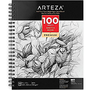 Arteza 9X12" Sketch Book, 100 Sheets (68 lb/100gsm), Spiral Bound Artist Sketch Pad, Durable Acid Free Drawing Paper, Ideal for Adults & Teens, Bright White