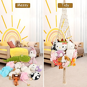 Dremisland Stuffed Animal Storage Toy Organizers and Storage, Display a Large Plush Toy! Boho Macrame Toy Net Hammock for Corners Walls Ceiling Nursery Kids Play Room Bedroom(Beige)