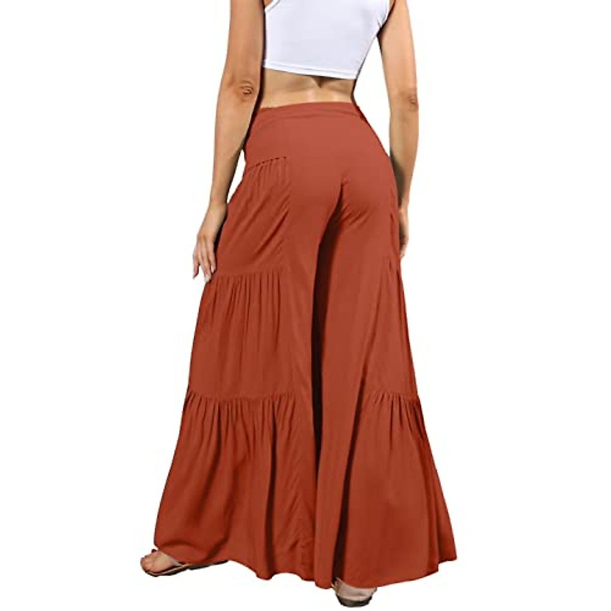 JURIS Women's Tiered Flowy Palazzo Pants Elastic High Waisted Tie Knot Loose Wide Leg Pants XL Brick Red