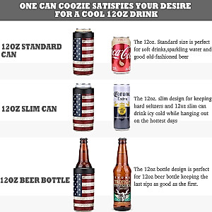 2 Pack Beer Can Cooler, 4-IN-1 Can Insulators for 12 Oz Drinks, Double Wall Stainless Steel Can Sleeves Keep Your Beverages Cold (American Flag)