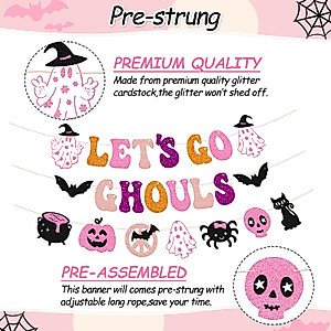 Let’s Go Ghouls Banner Hippie Halloween Party Decorations Retro Groovy Halloween Garland Ghost Bats Pumpkin Skull Cats Spider Witches Theme Halloween Bachelorette Party Supplies
