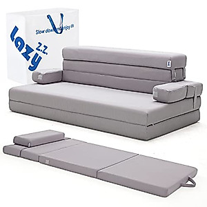 Lazyzizi Sleep 4 Inch Foldable Mattress, Portable Floor Mattress Couch with Headrest, Washable Cover, Foldable Foam Couch Full for Guest Bed, Folding Sofa Bed, Camping, Road Trip， Dark Grey