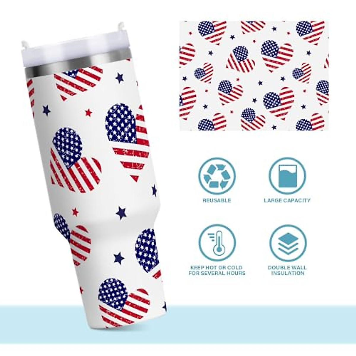 Joisal American Flag Hearts Pattern Insulated Tumbler Reusable Water Bottle with Straw Water Cups