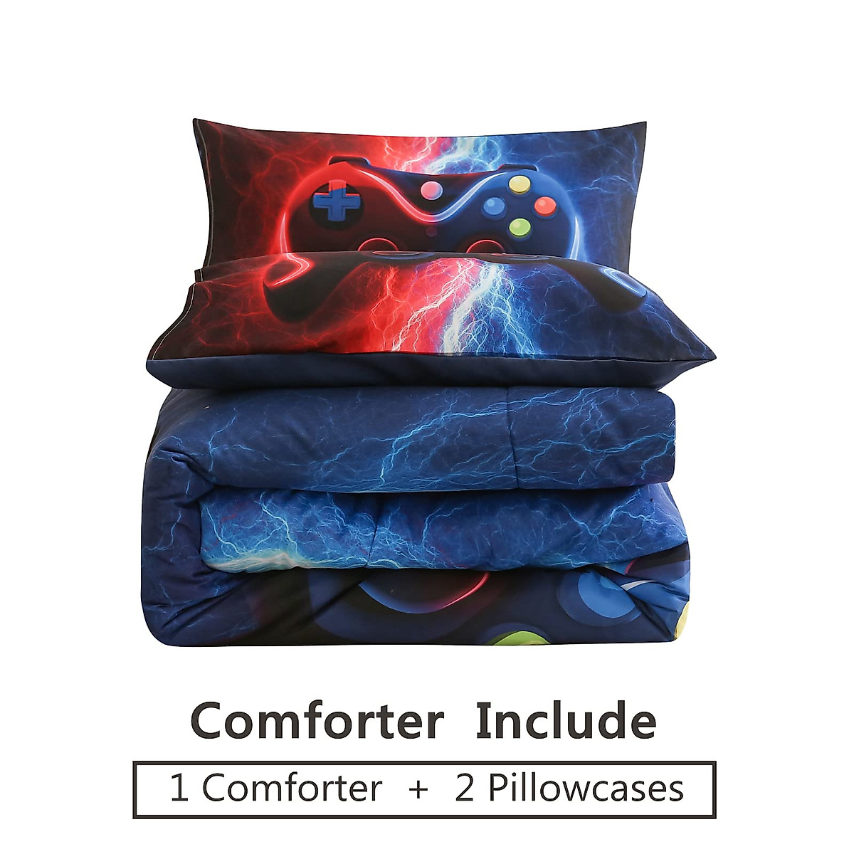 Meeting Story Gamer Gaming Bedding Sets Tie Dye Lightnings Gamepad Comforter Set for Boys Games Console Action Buttons Novelty Colorful Modern Room Decor Home Quilt Set (Twin, Red-Blue)
