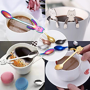 Cat Spoon Coffee Tea Spoon Set, ESRISE Stainless Steel Hanging Cup Teaspoons Demitasse Mini Long Cute Kitten Stirring Spoon for Dessert Drink Mixing Milkshake (Multicolor)