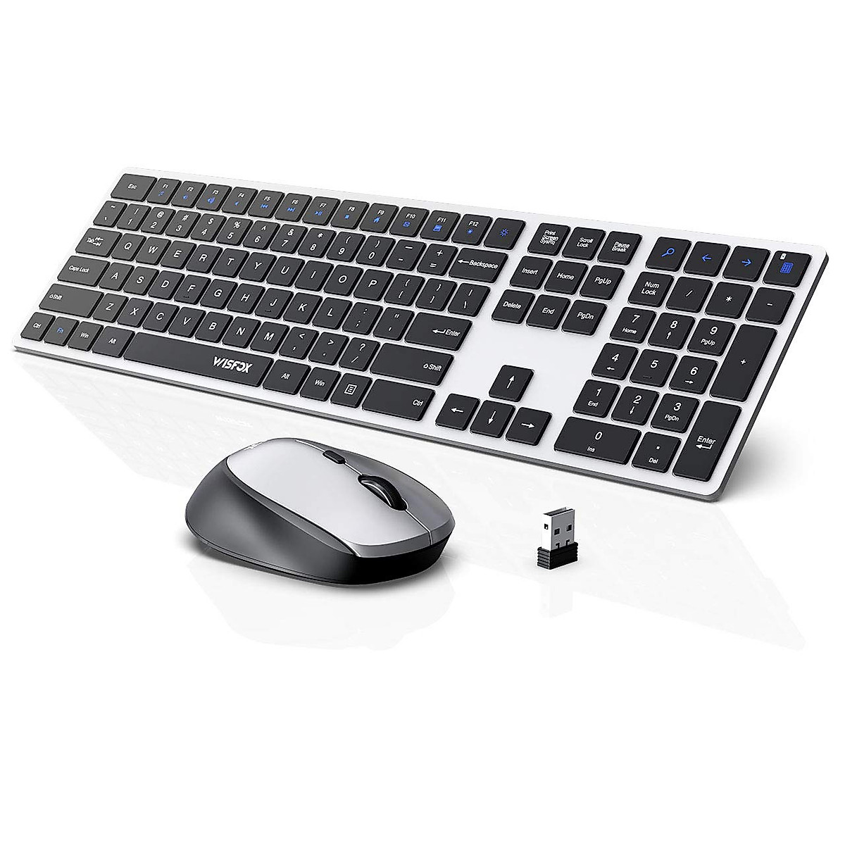 Wireless Keyboard and Mouse Combo, WisFox 2.4G Full-Size Slim Thin Wireless Keyboard Mouse for Windows, Computer, Desktop, PC, Laptop Mac (Silver and White)