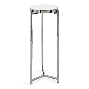 Kate and Laurel Aguilar Glam Drink Table, 8" x 8" x 23", Silver and White, Transitional Tea Table and Plant Stand with Marble Tabletop