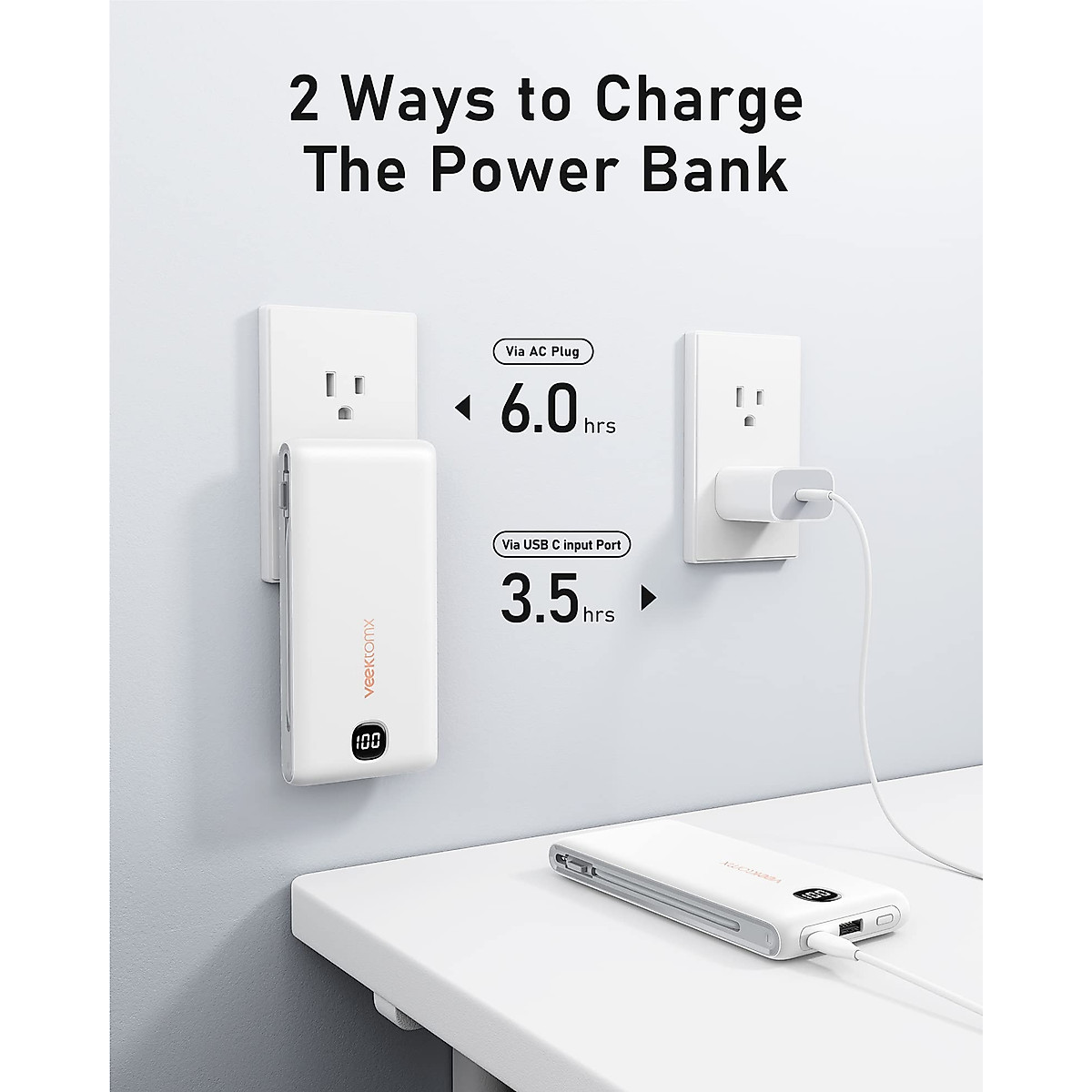 VEEKTOMX Power Bank with Built in Cables 22.5W 10000mAh, Portable Charger for iPhone with AC Wall Plug, Fast Charging USB C Slim iPhone Charger with LED Display Compatible with iPhone15/14/13, Samsung