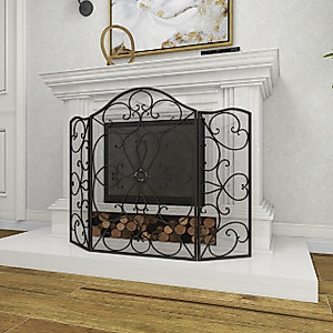 Deco 79 Metal Scroll Foldable 3 Panel Fireplace Screen with Mesh Netting, 49" x 1" x 36", Black