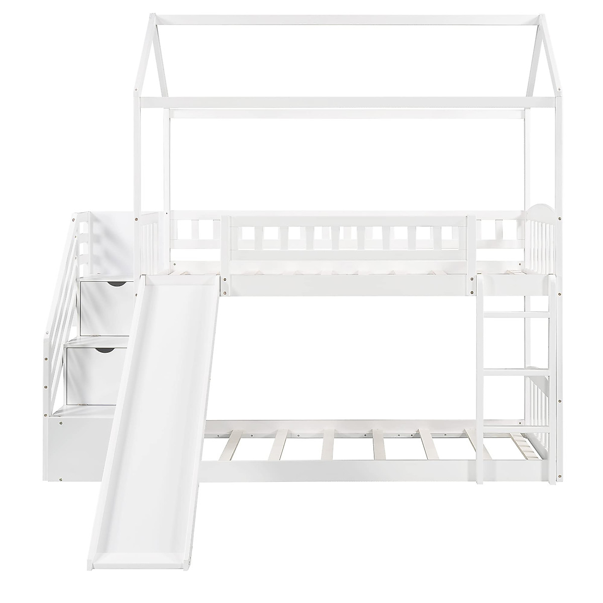 Twin Over Twin Bunk Bed for Kids Toddlers, House Bunk Bed Farm with Storage Steps and Slide Ladder Roof Guardrail for Girls/Boys, No Spring Box Required (White--Wood)