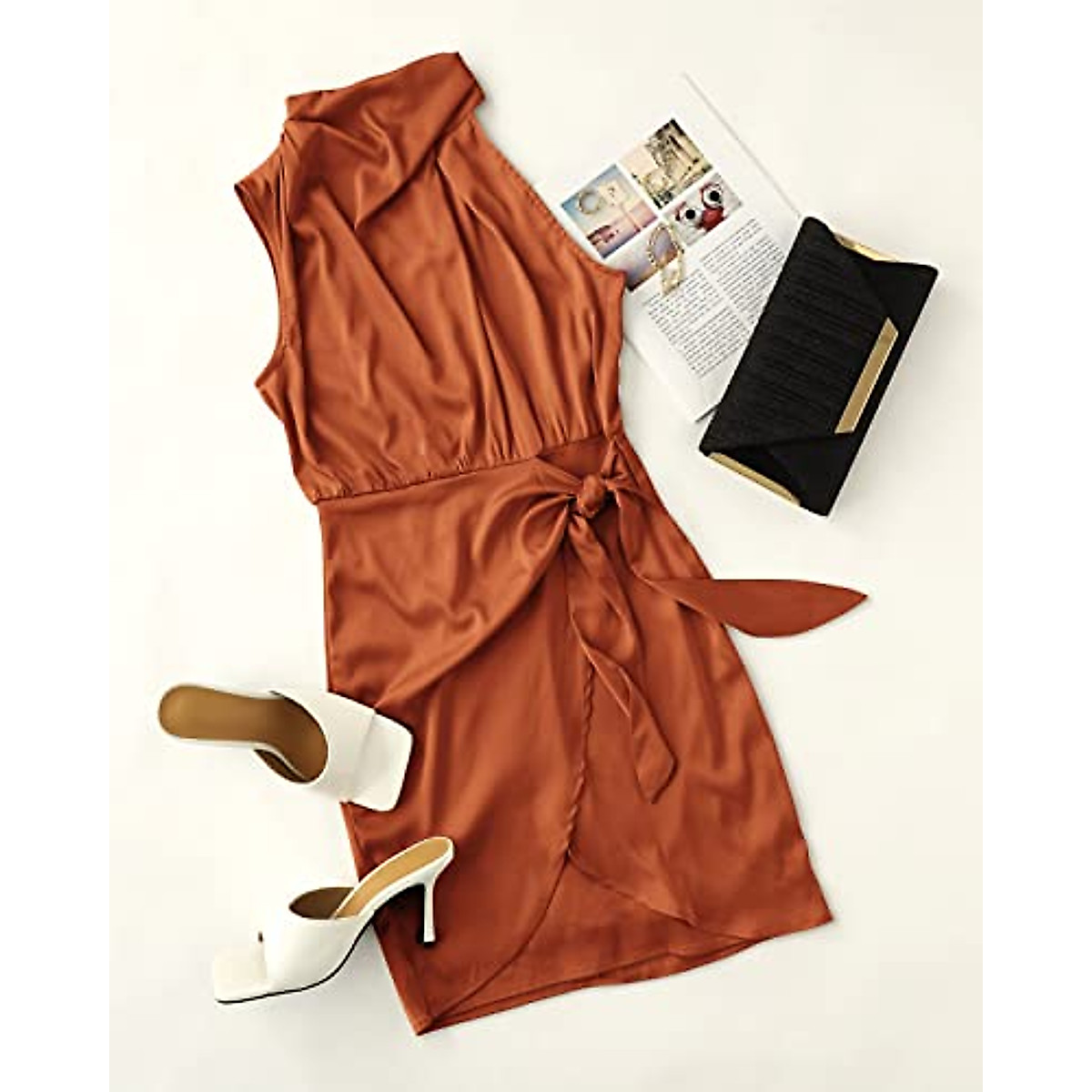 ZESICA Women's 2023 Fashion Satin Sleeveless Halter Neck Tie Waist Wrap Bodycon Cocktail Party Mini Dress,Rust,Medium