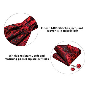 Barry.Wang Men Ascot Tie Set Cravat Paisley Red Silk Scarf Self Necktie Handkerchief Cufflinks Formal Wedding Party Prom