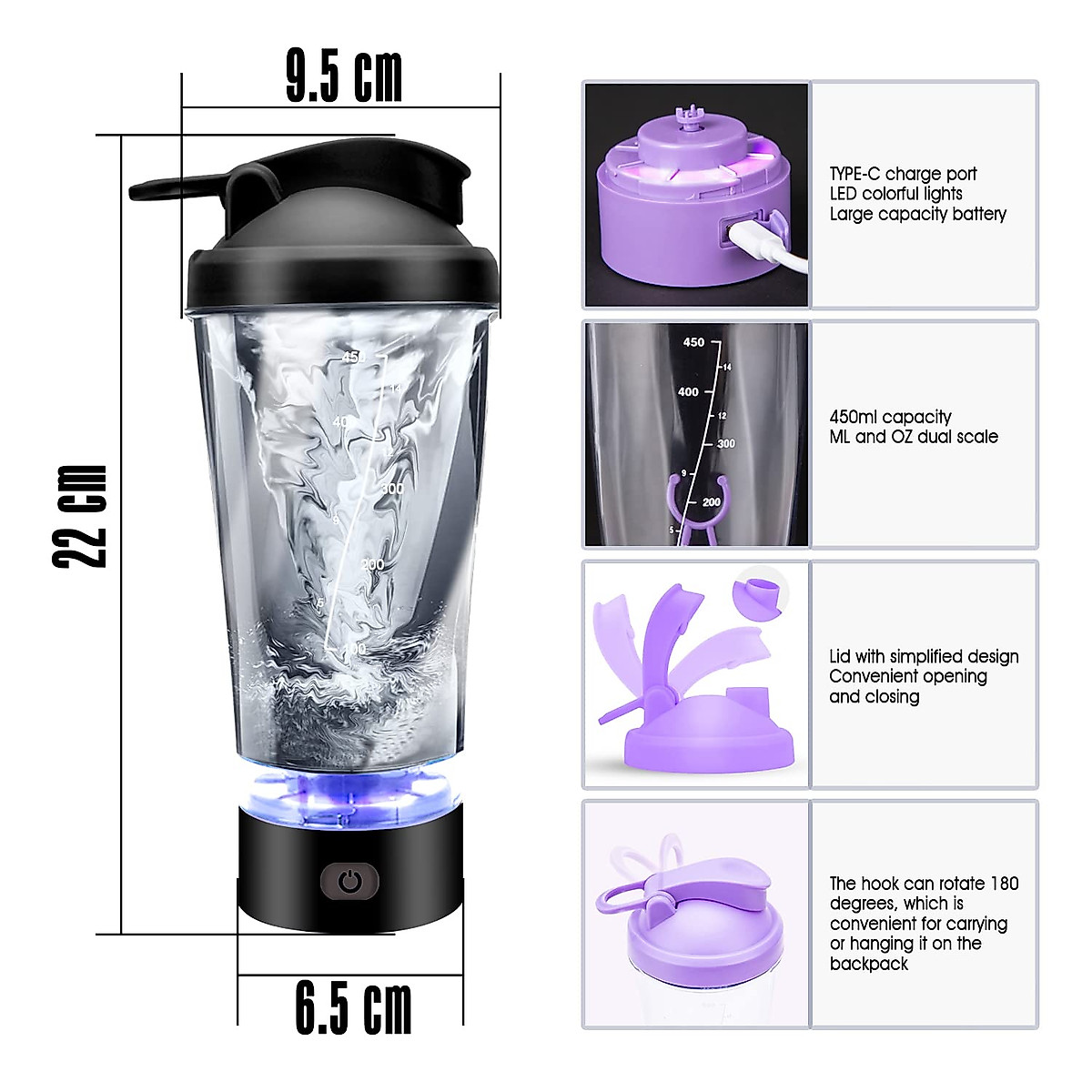 JNSTU Protein Shaker Bottle,Electric Shaker Cup,Shaker Bottles for Protein Mixes,Workout Water Bottle,Bottle Blender,Shaker Cups for Protein Shakes and Meal Replacement,Portable Rechargeable 16oz