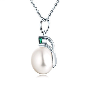 JO WISDOM Pearl Necklace,925 Sterling Silver Cubic Zirconia 10mm White Freshwater Pearl Pendant Necklace,Created Emerald May Birthstone Jewelry for Women