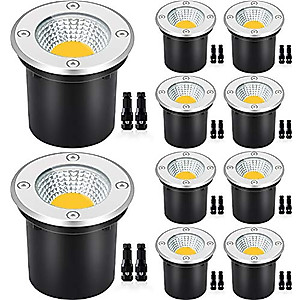 SUNVIE Low Voltage Landscape Lights with Wire Connectors 12W LED Well Lights IP67 Waterproof Outdoor In-Ground Lights 12V-24V Warm White Pathway Garden Lights for Driveway Deck (10 Pack & Connectors)