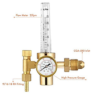 Argon Regulator,Flow Meter Gas Regulator Gauge for Mig Tig Weld,0-25lpm CGA-580 Copper Welding Gas Regulators Accessory