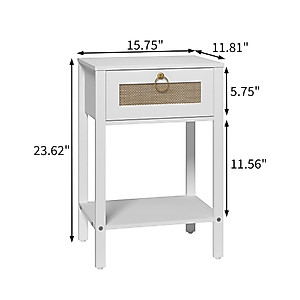 JOONEE Rattan Nightstand，Modern Farmhouse Bedside Table with Storage Drawer and Shelf (White)