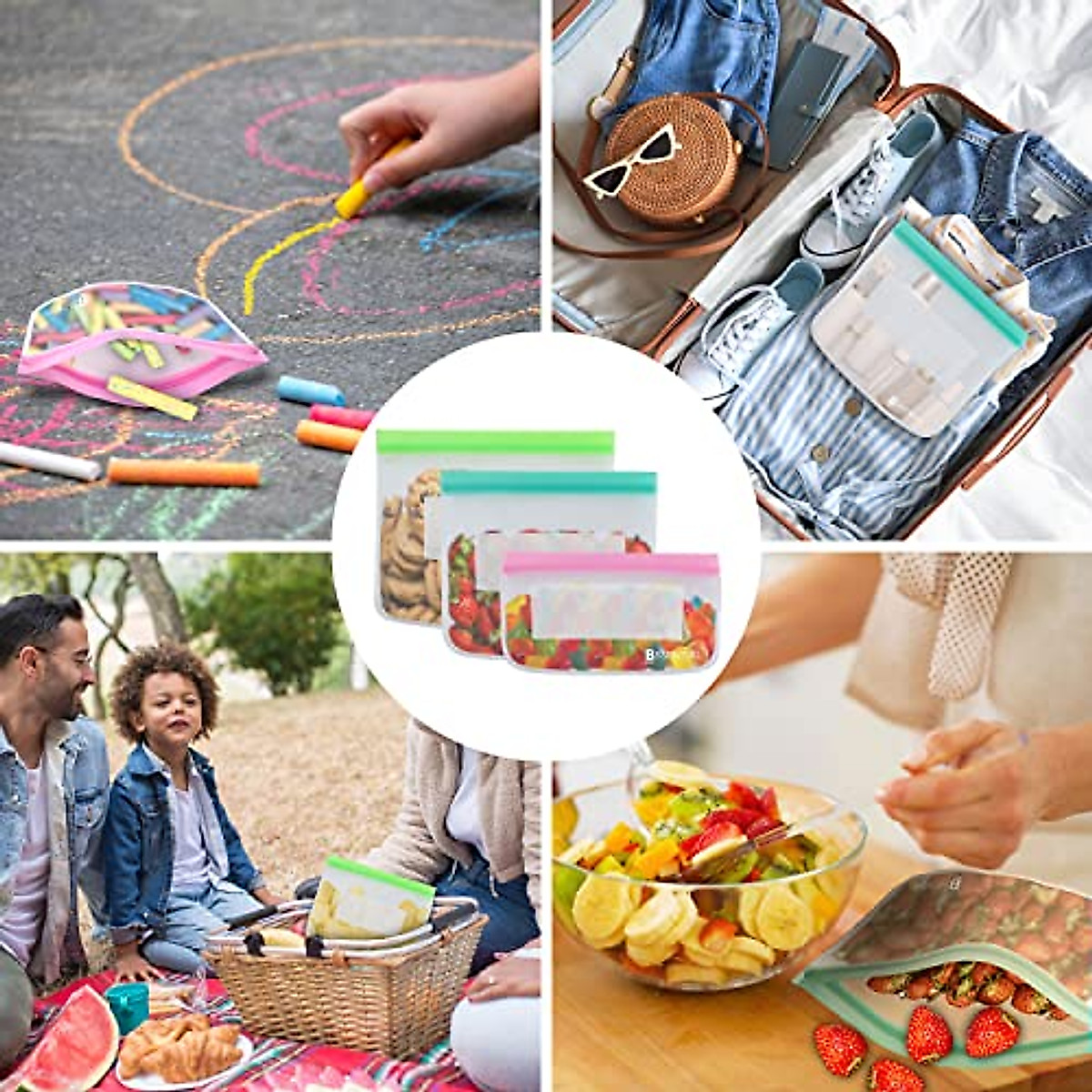 Bssential Reusable Food Silicone Storage Bags with Marker Included - 10 Pack (3 Reusable Gallon Bags + 4 Leakproof Reusable Sandwich Bags + 3 Food Grade Snack Bags) Dishwasher Safe, Leakproof Sandwich Bags, Bags for Lunch, Food Containers & Travel Essenti