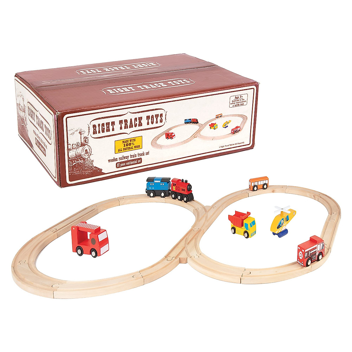 Wooden Train Track 52 Piece Set - 18 Feet Of Track Expansion And 5 Distinct Pieces - 100% Compatible with All Major Brands Including Thomas Wooden Railway System - by Right Track Toys, T